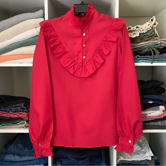 Vintage | Tops | Vintage Red Ruffle Blouse | Poshmark